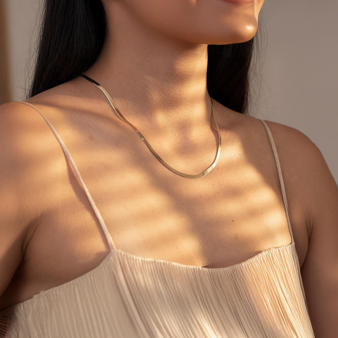 14k Real Gold Herringbone Chain Necklace - 3.25mm Width - Etsy