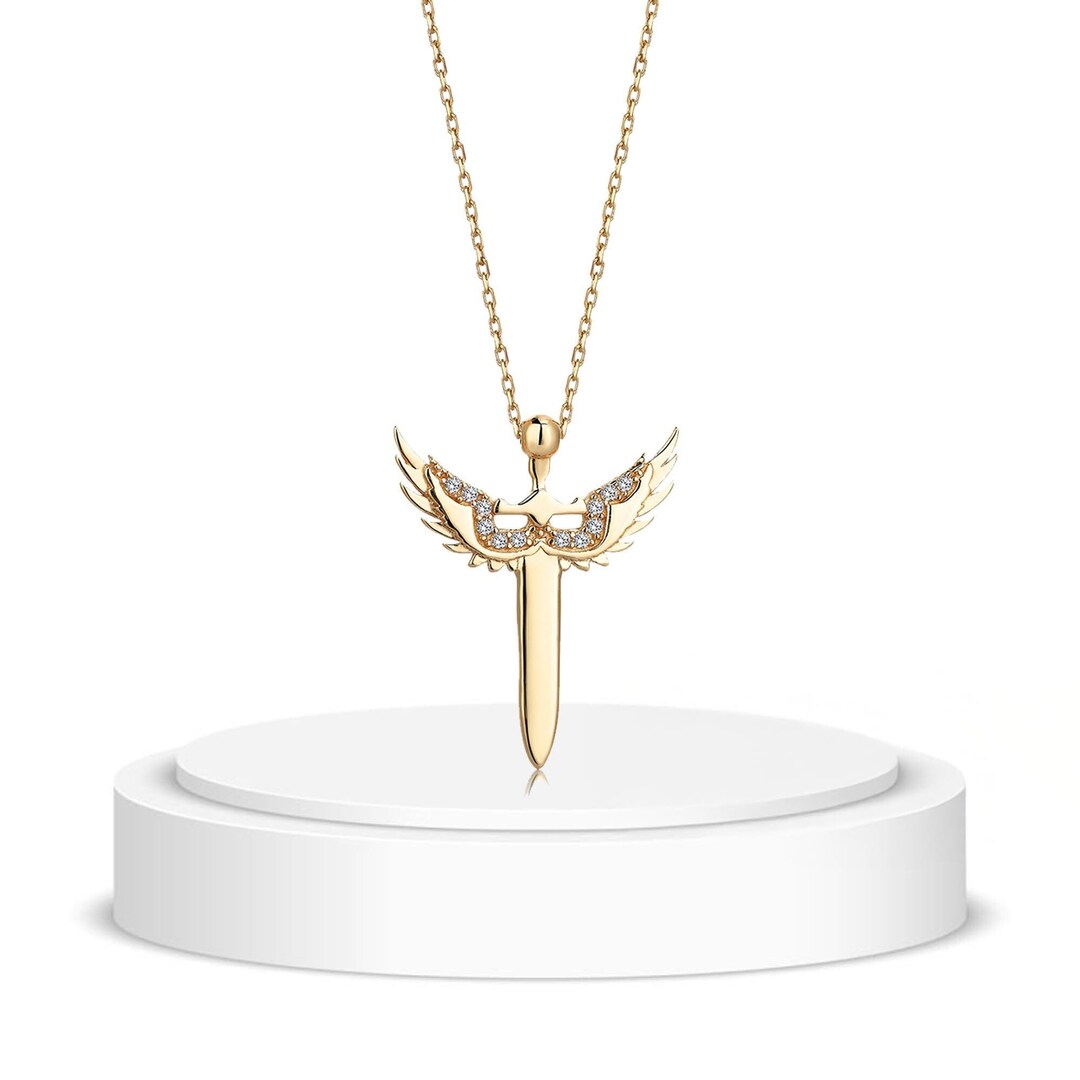 14k Solid Gold Angel Wing & Sword Charm Necklace - Etsy