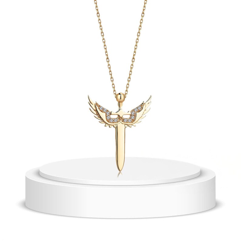 14k Solid Gold Angel Wing & Sword Charm Necklace - Etsy