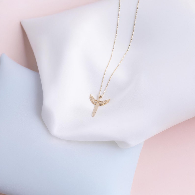 14k Solid Gold Angel Wing & Sword Charm Necklace - Etsy