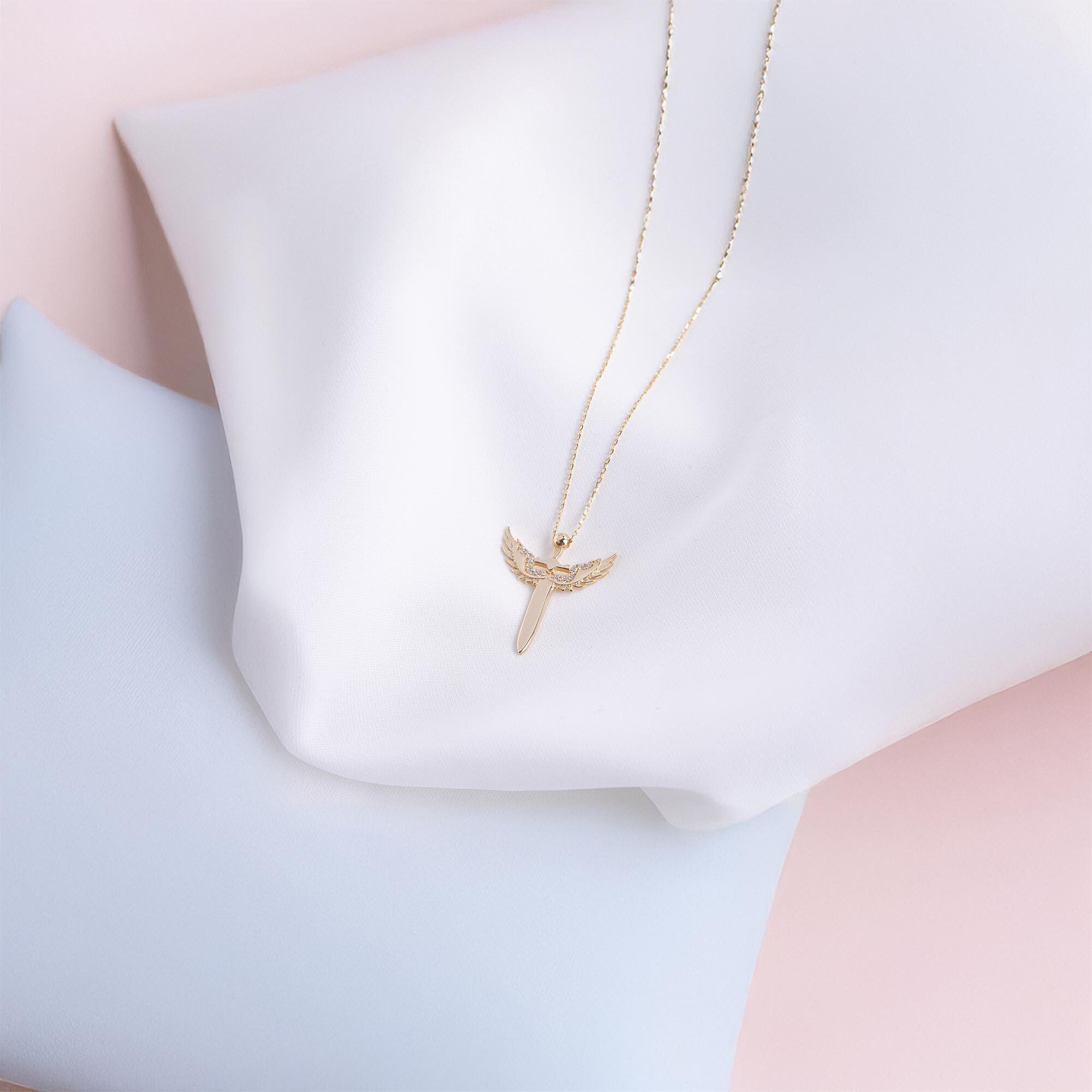 14k Solid Gold Angel Wing & Sword Charm Necklace - Etsy