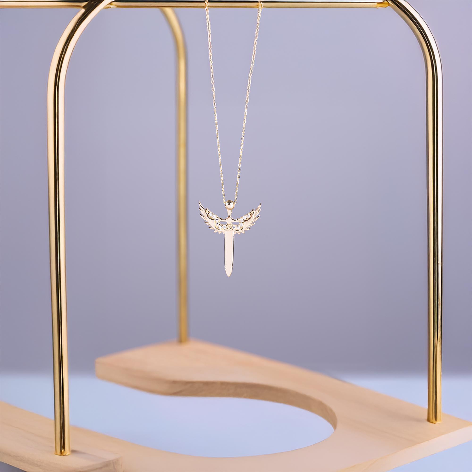 14k Solid Gold Angel Wing & Sword Charm Necklace - Etsy