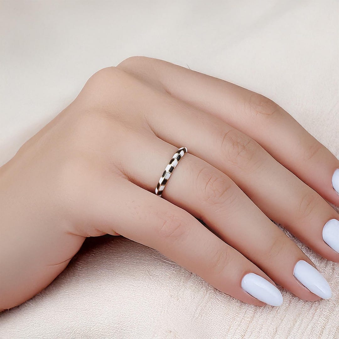 14k Solid Gold Checkered Enamel Ring for Her - Etsy