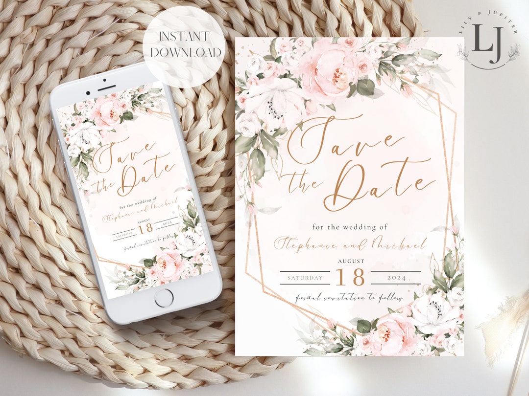 Blush Pink Rose DIGITAL Wedding Save the Date Card Blush Pink - Etsy