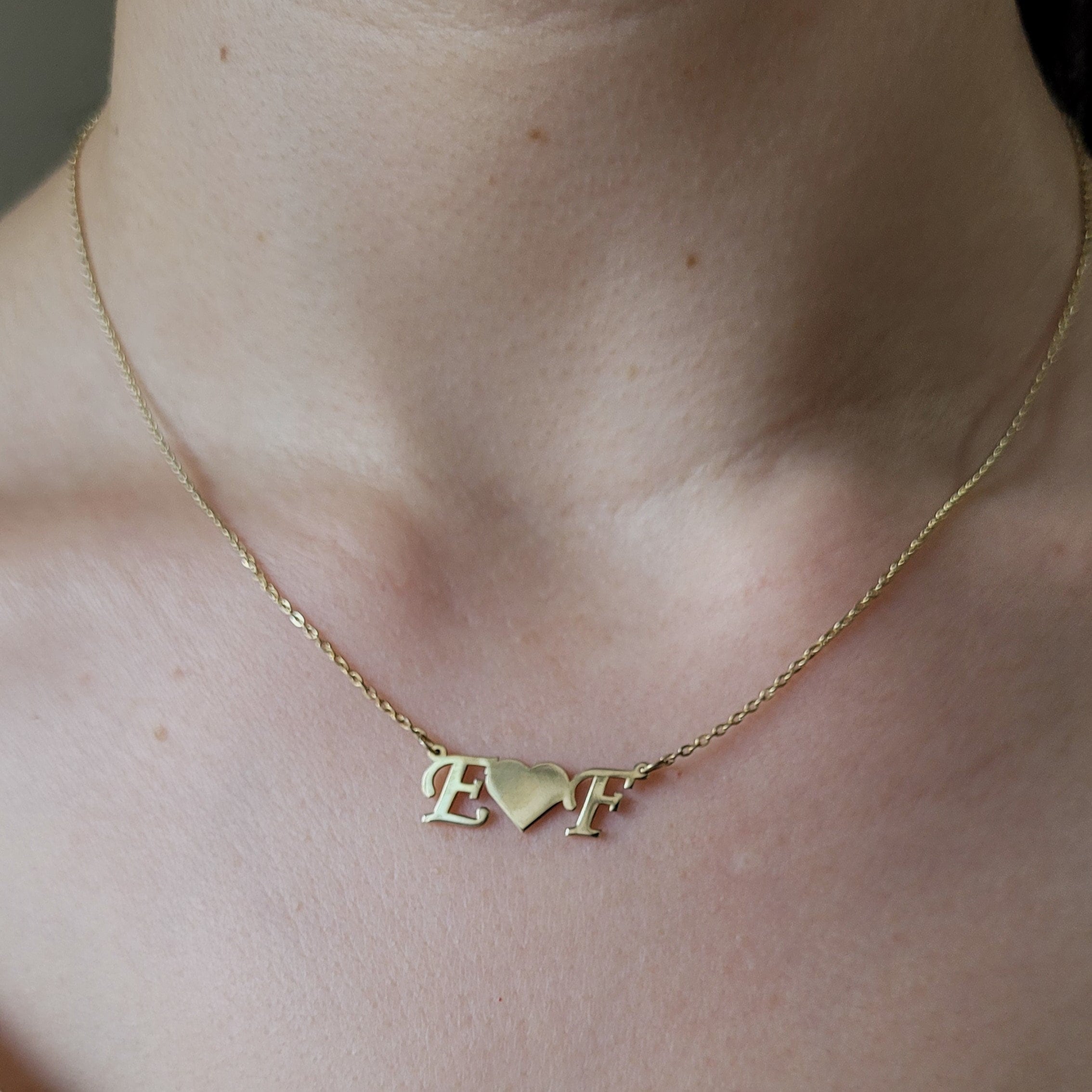 Two Initial Necklace With Heart, 14K Gold Necklace, Custom Letter ...
