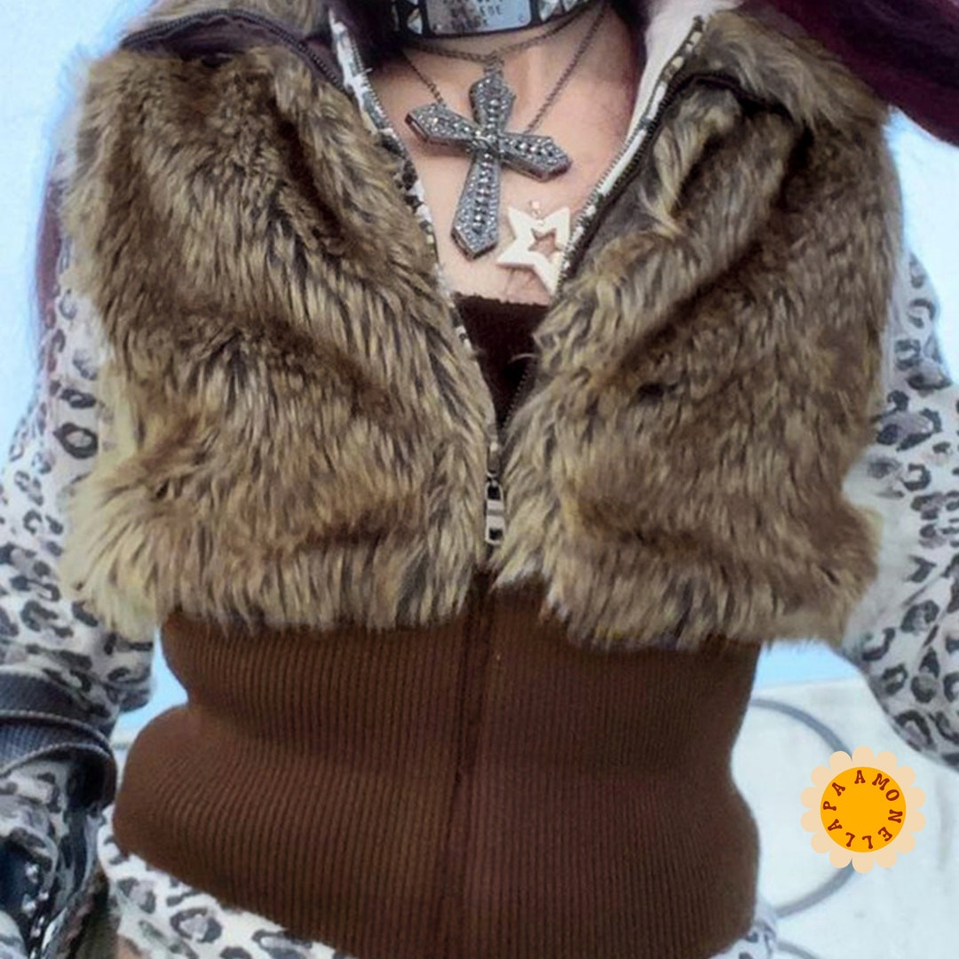 Y2k Fur Jacket Stand Collar Brown Sleeveless Vintage Tank Tops Slim ...