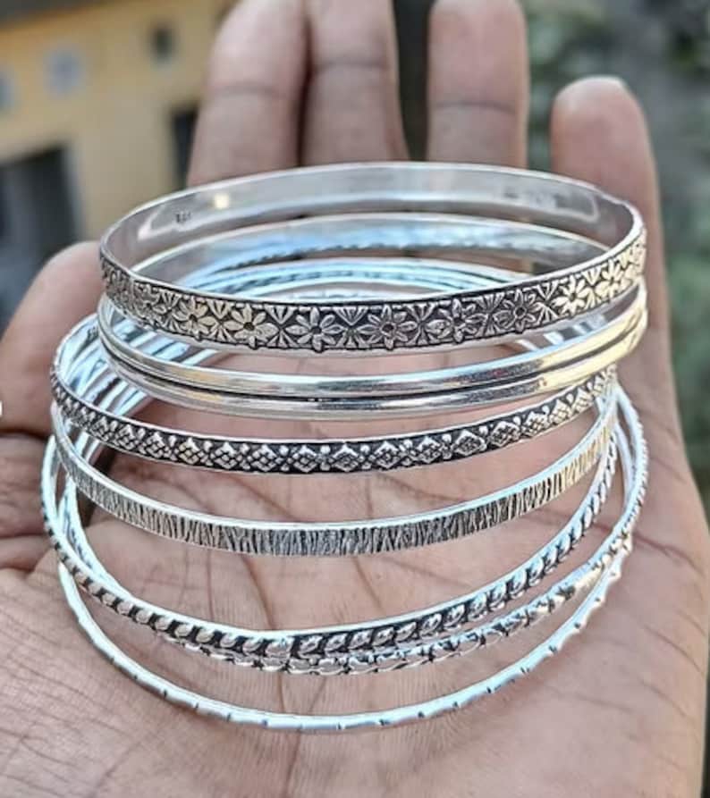 925 Sterling Silver Bangles, 7 Design Bangles, Stackable Bangles, 925 Silver Bangle for Her/him ...