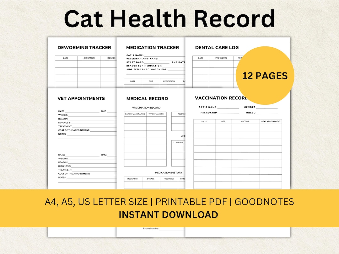 Cat Health Record Printable Kitten Vaccine Record Vet Appointments Cat ...