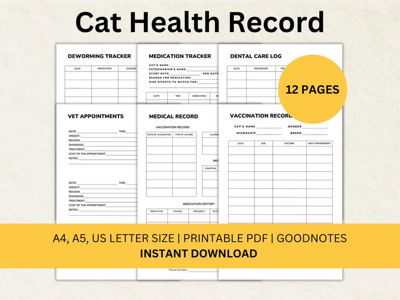 Cat Health Record Printable Kitten Vaccine Record Vet Appointments Cat ...