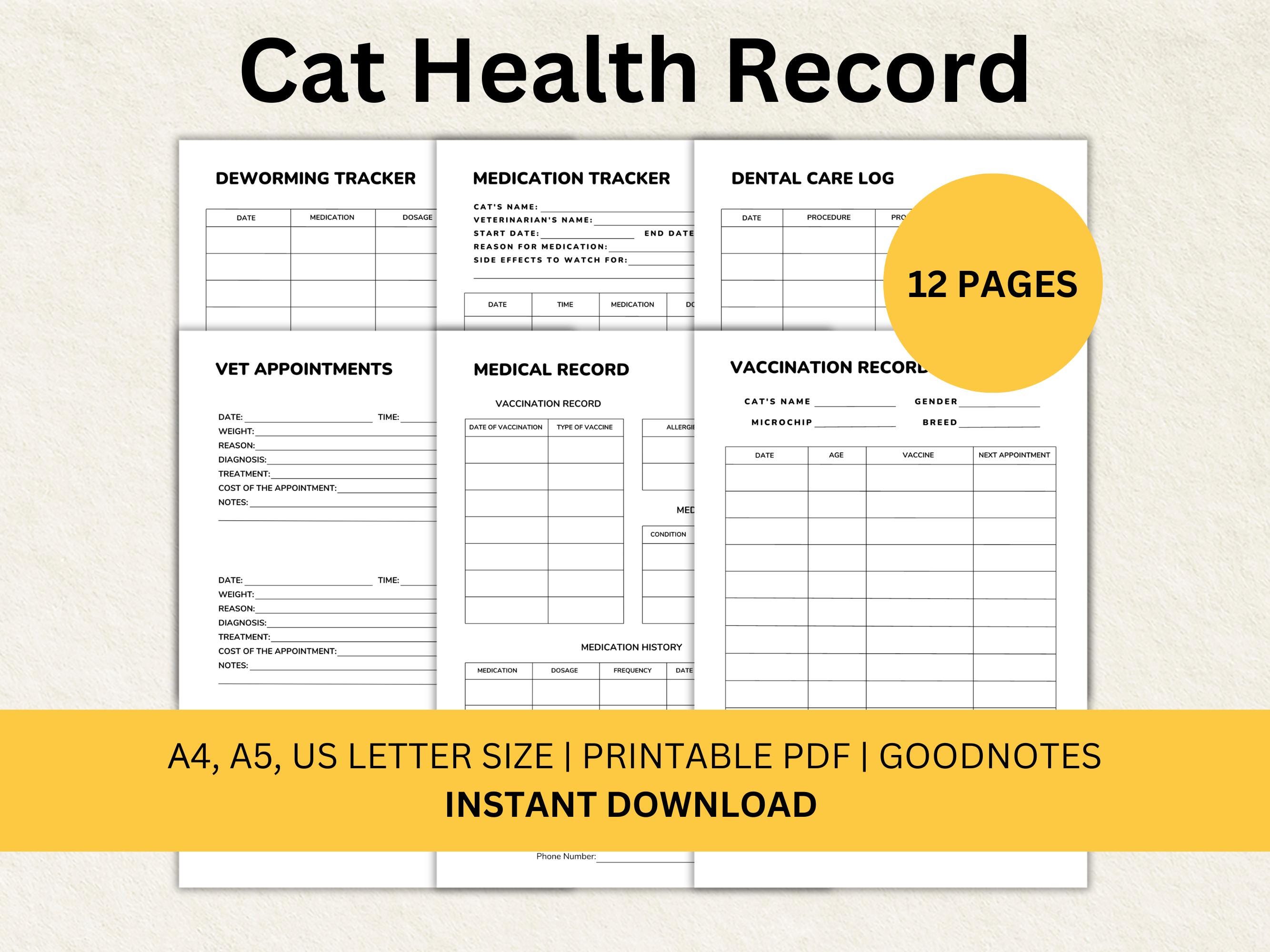 Cat Health Record Printable Kitten Vaccine Record Vet Appointments Cat ...