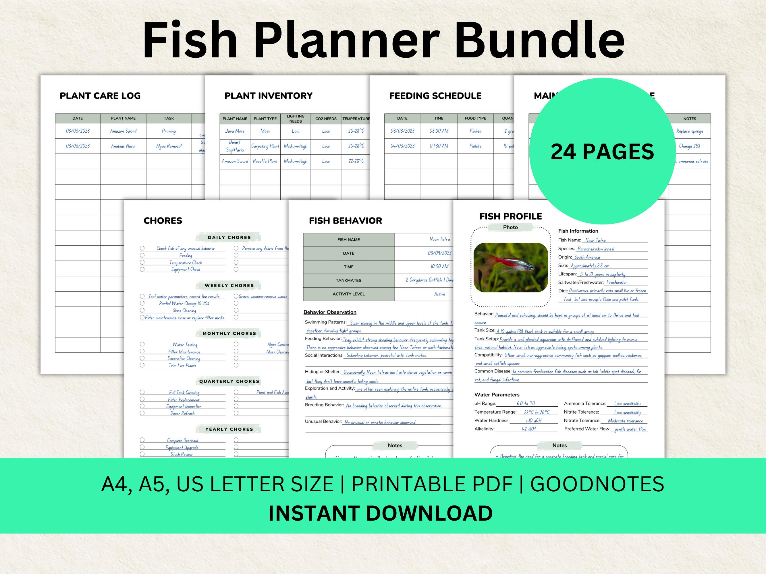 Fish Planner Bundle Aquarium Journal Printable Aquarium Logbook ...
