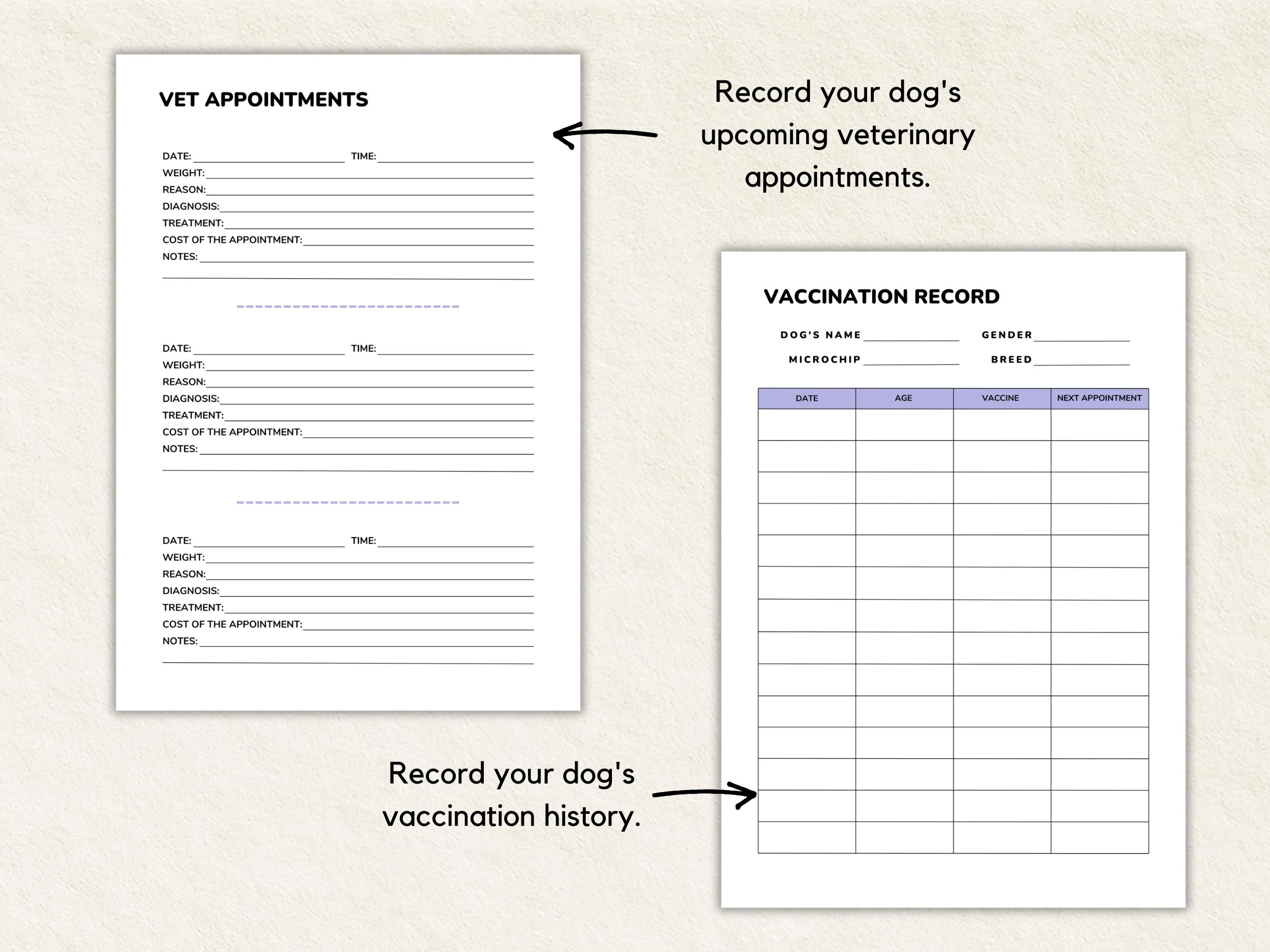 Dog Health Record Printable Dog Vaccination Record Vet Appointments ...