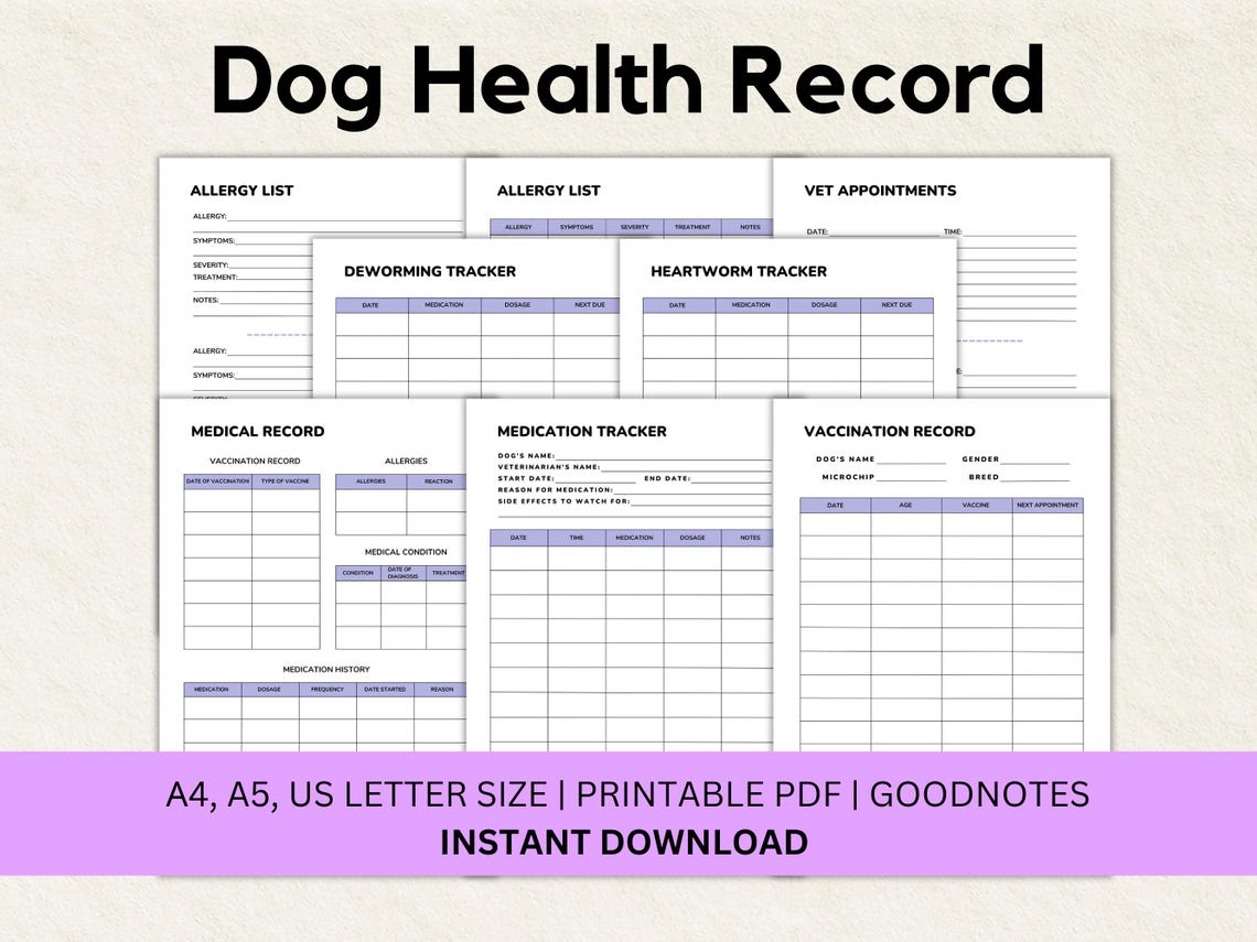 Dog Health Record Printable Dog Vaccination Record Vet Appointments ...