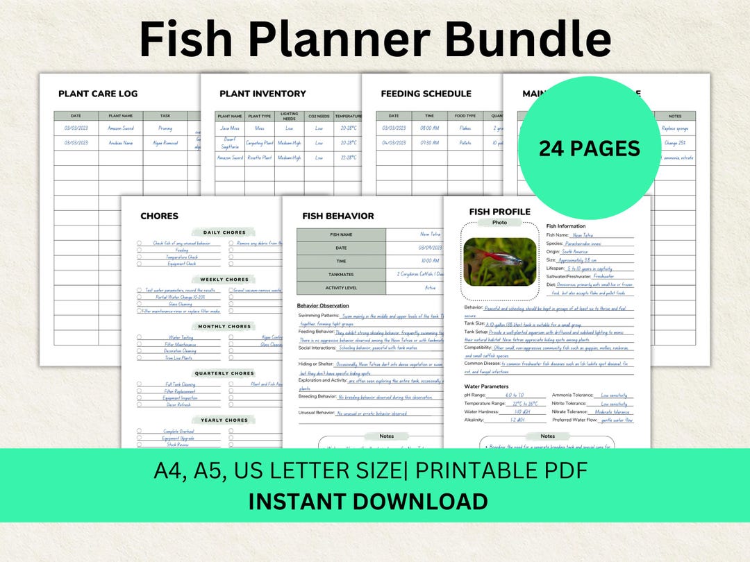 Fish Planner Bundle Aquarium Journal Printable Aquarium Logbook ...