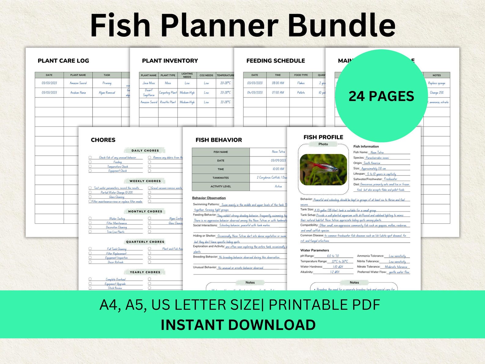 Fish Planner Bundle Aquarium Journal Printable Aquarium Logbook ...