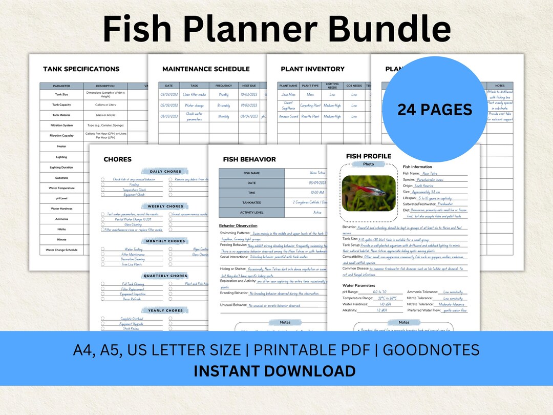 Fish Planner Bundle Aquarium Journal Printable Aquarium Logbook ...
