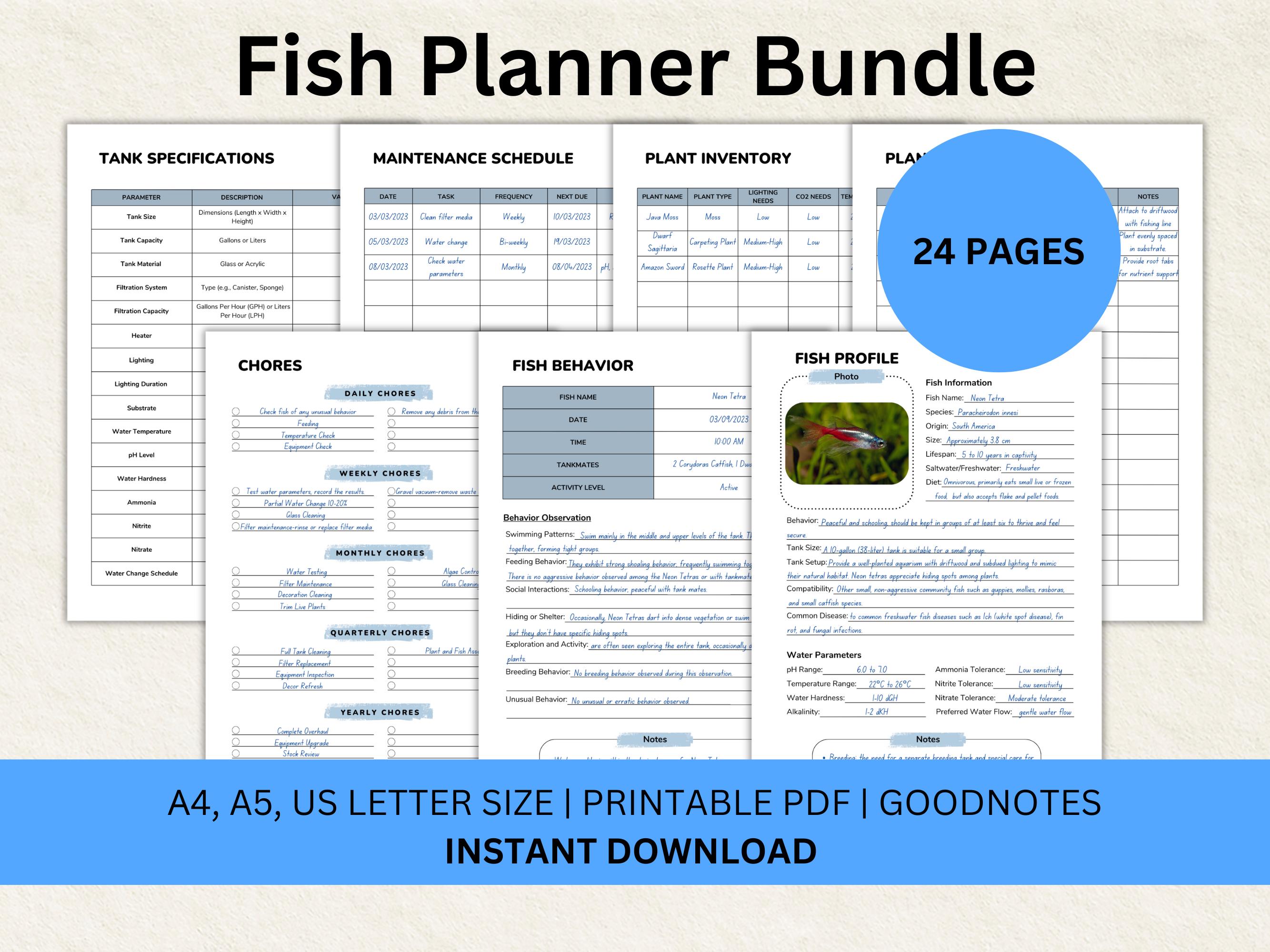 Fish Planner Bundle Aquarium Journal Printable Aquarium Logbook ...