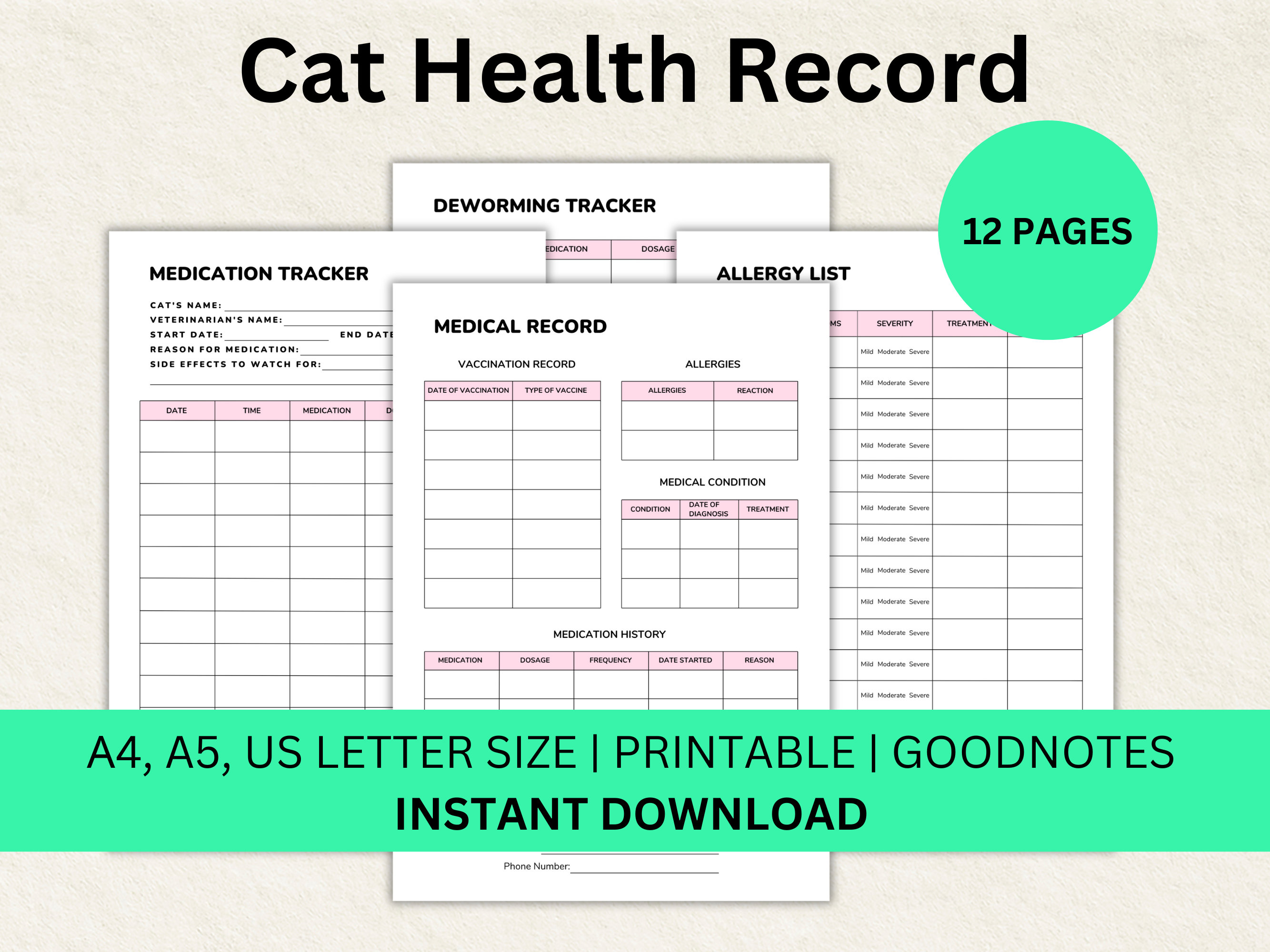 Cat Health Record Printable Kitten Vaccine Record Vet Appointments Cat ...
