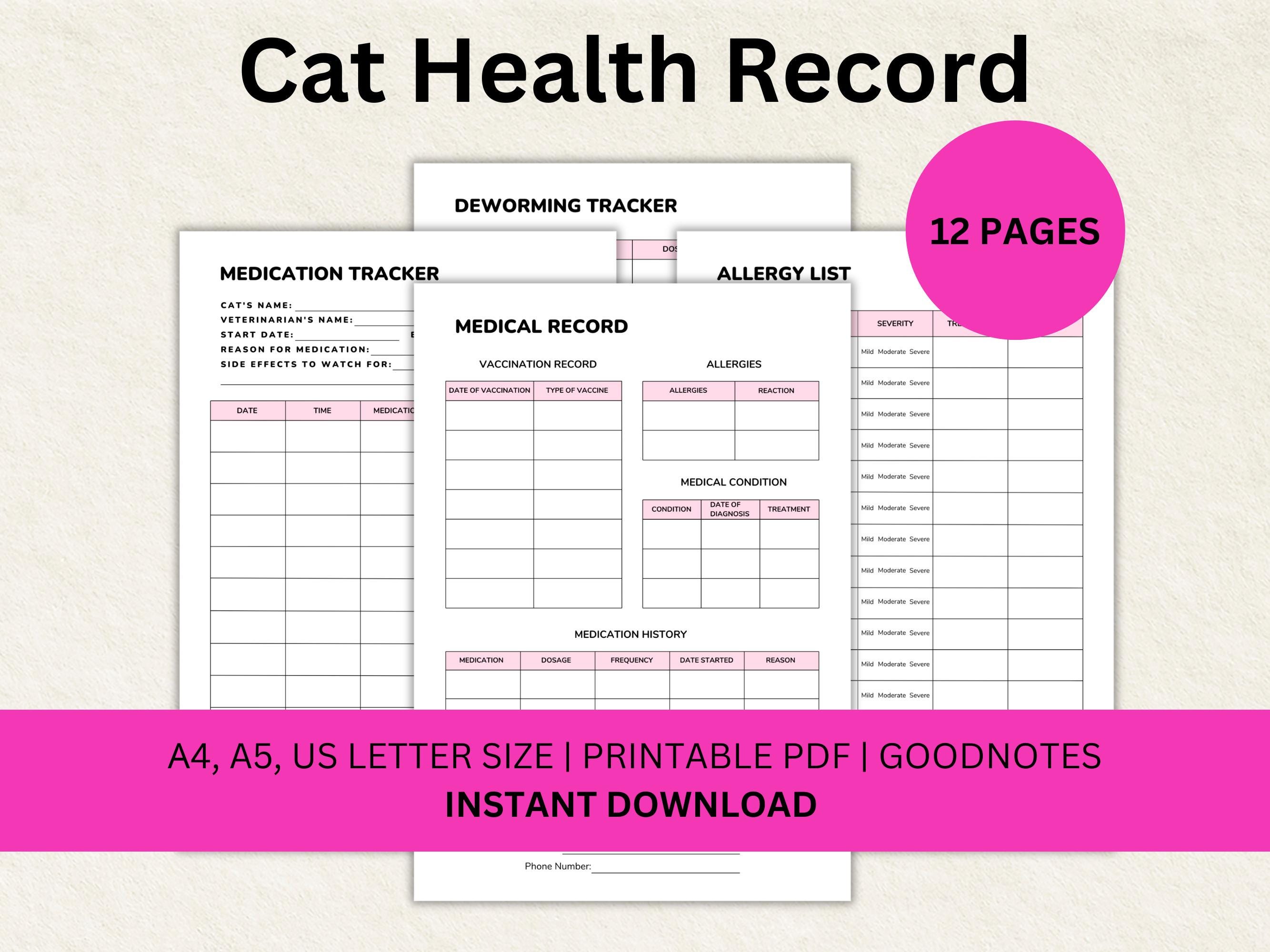 Cat Health Record Printable Kitten Vaccine Record Vet Appointments Cat ...
