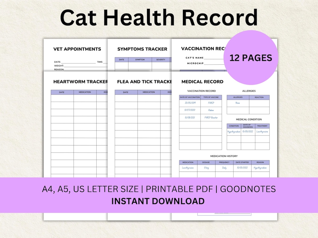 Cat Health Record Printable Kitten Vaccine Record Vet Appointments Cat ...