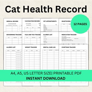 Cat Health Record Printable Kitten Vaccine Record Vet Appointments Cat ...