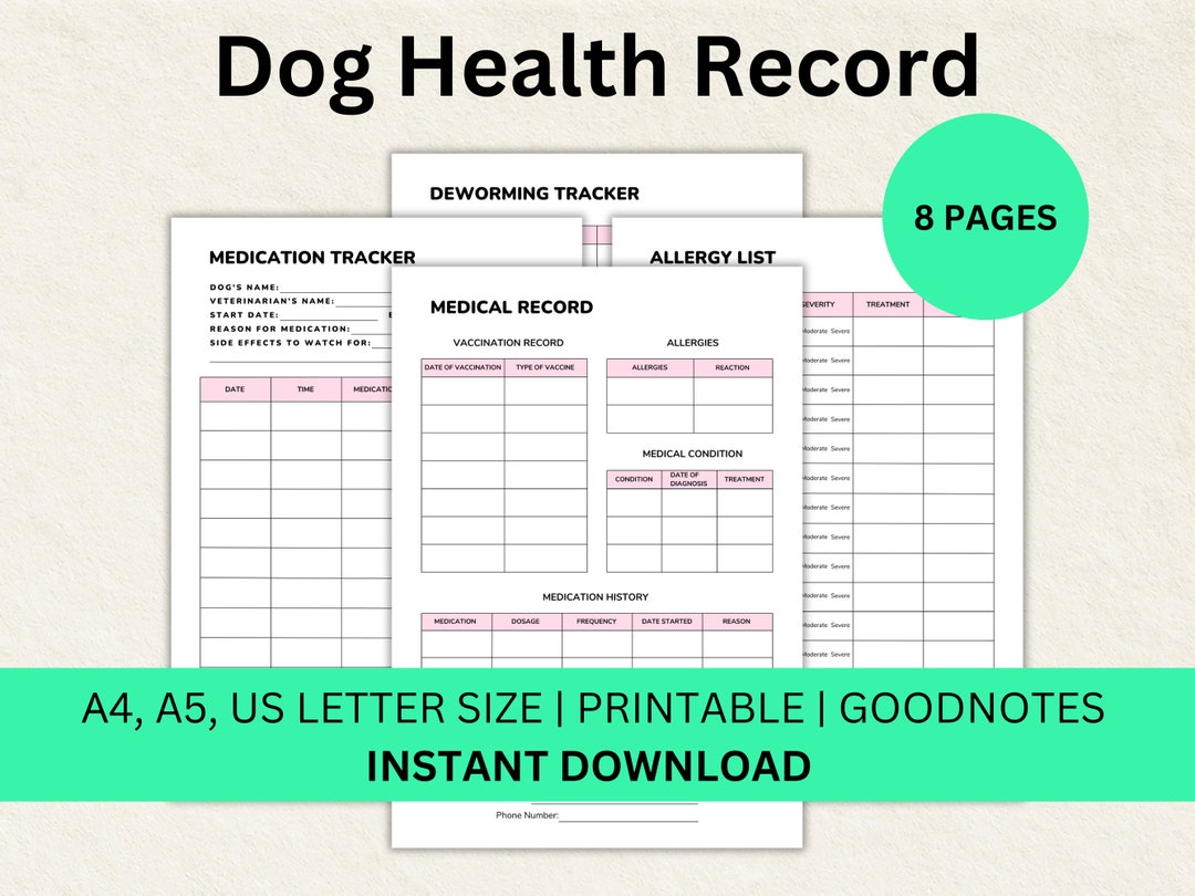 Dog Health Record Printable Dog Vaccination Record Vet Appointments ...