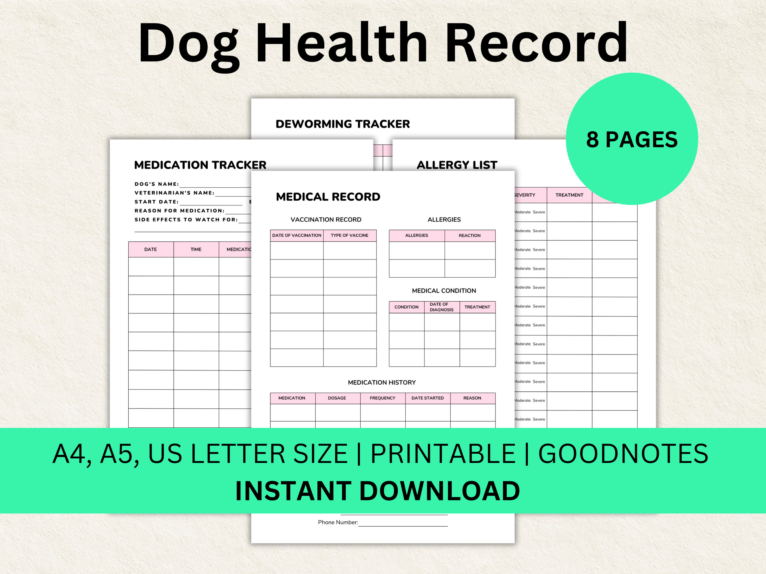 Dog Health Record Printable Dog Vaccination Record Vet Appointments ...