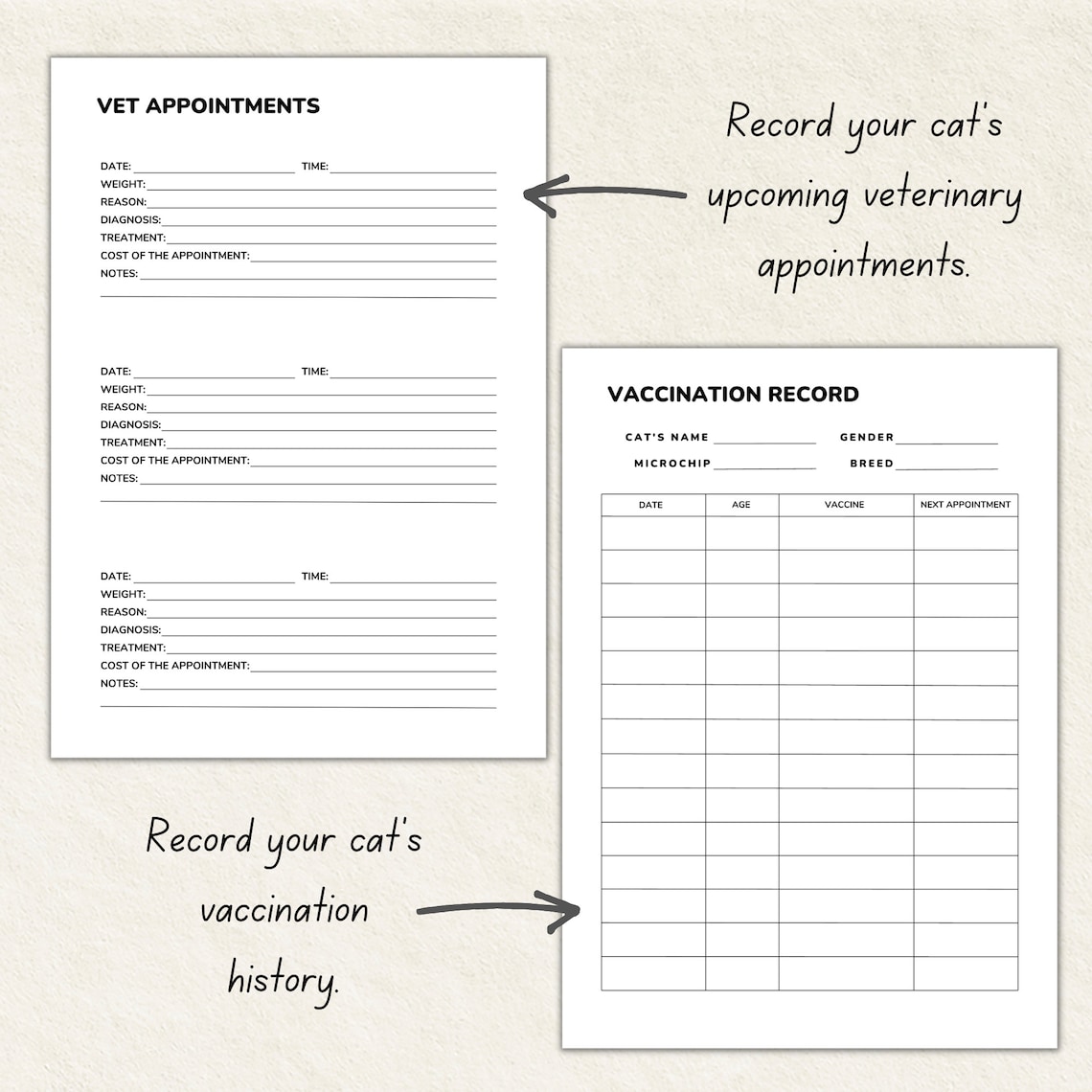 Cat Health Record Printable Kitten Vaccine Record Vet Appointments Cat ...