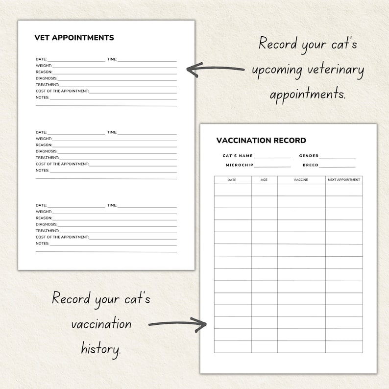 Cat Health Record Printable Kitten Vaccine Record Vet Appointments Cat ...