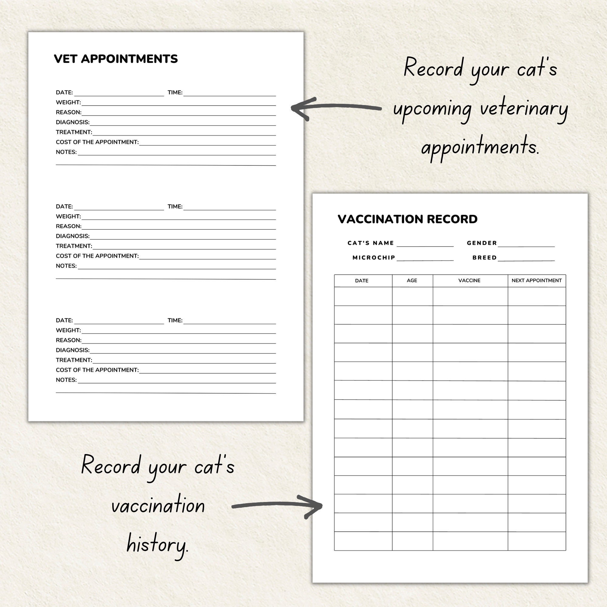 Cat Health Record Printable Kitten Vaccine Record Vet Appointments Cat ...