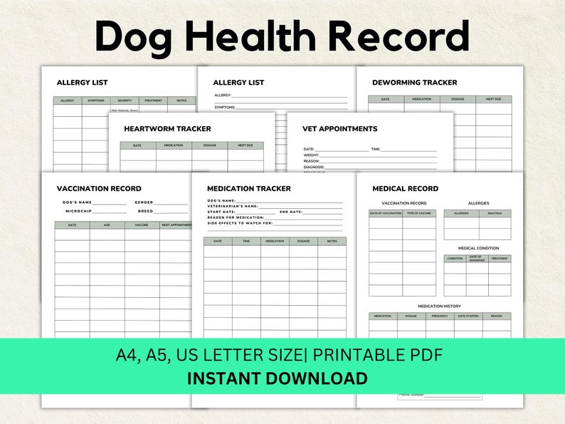 Dog Health Record Printable Dog Vaccination Record Vet Appointments ...