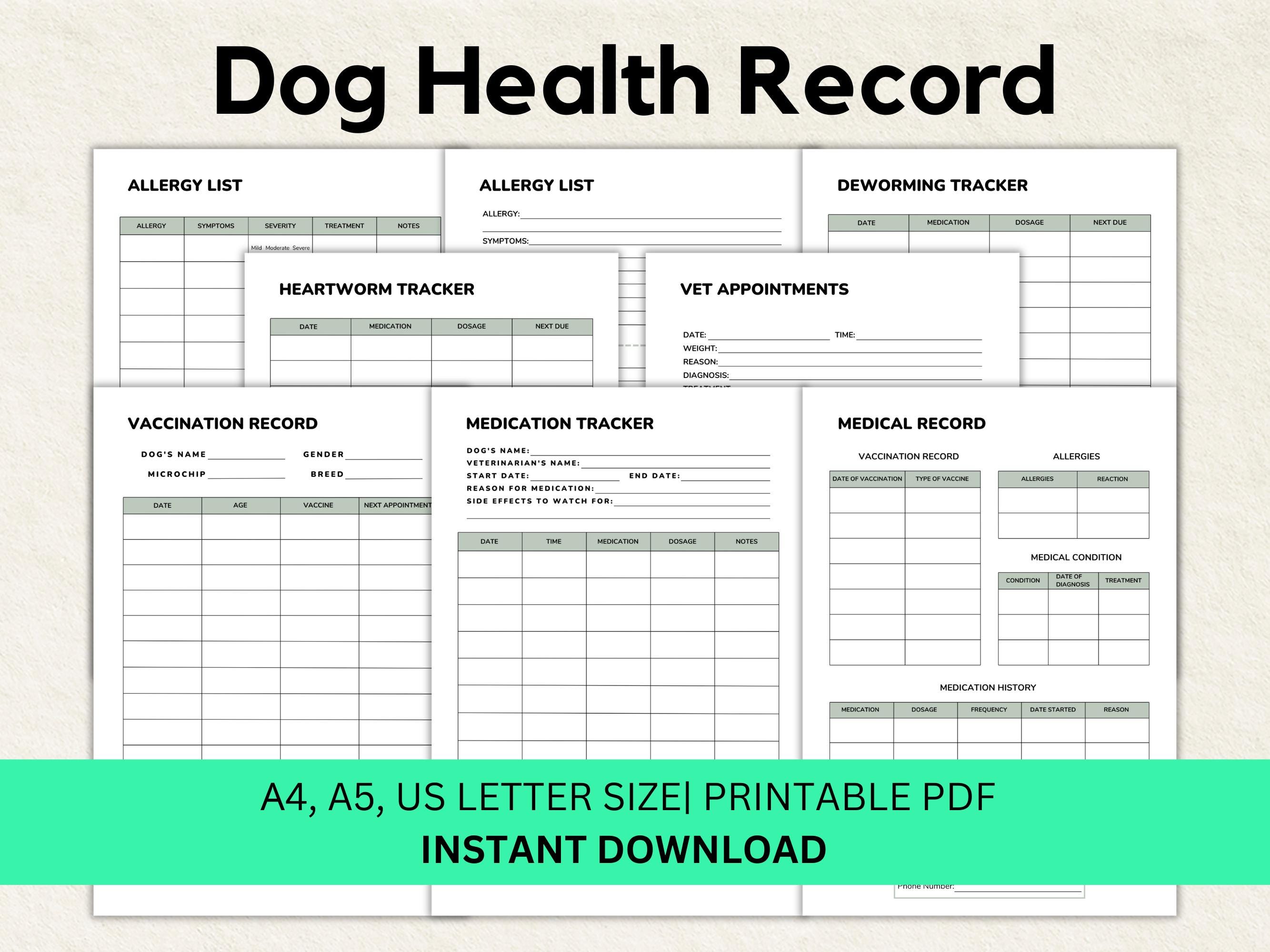Dog Health Record Printable Dog Vaccination Record Vet Appointments ...