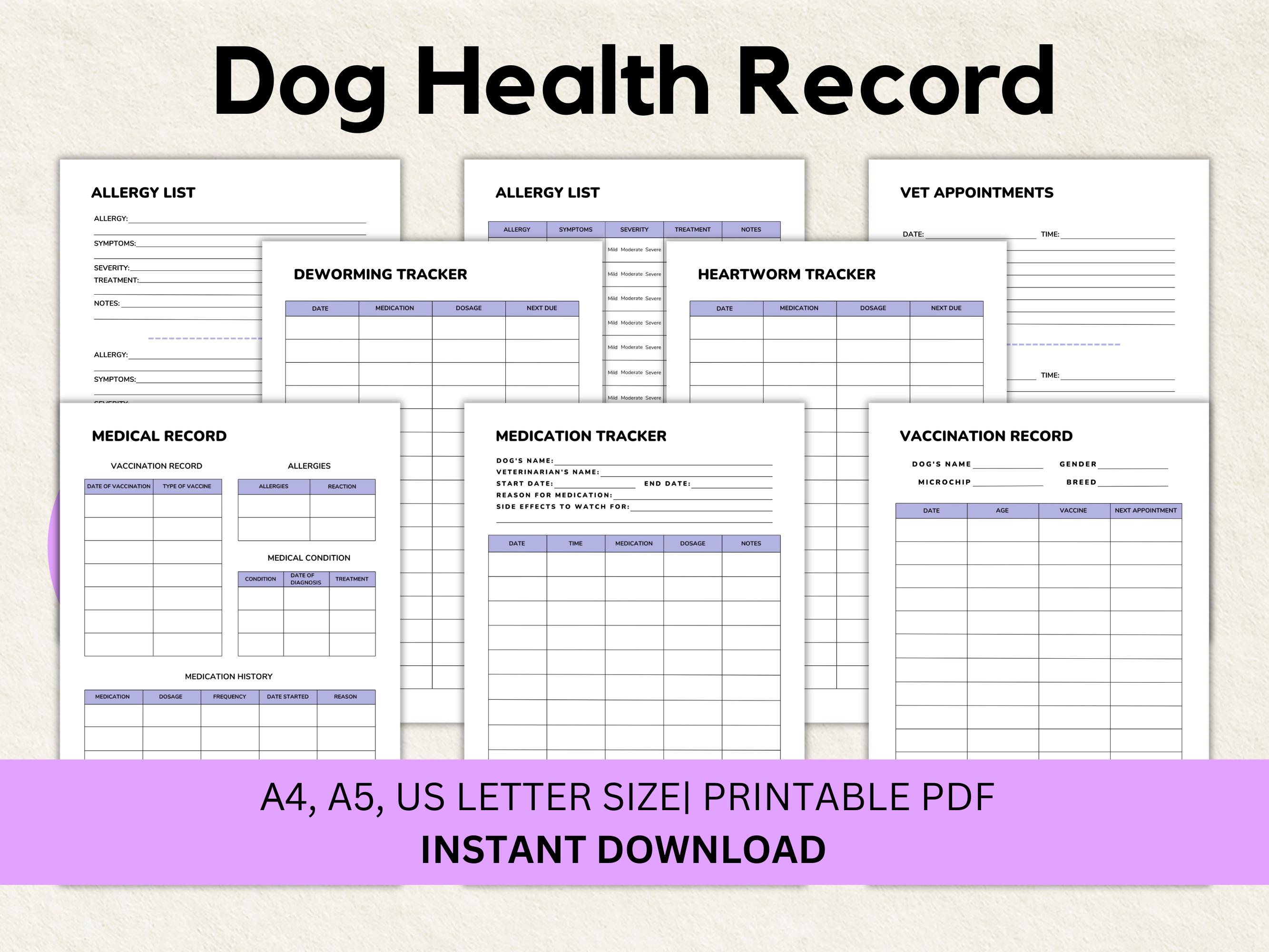 Dog Health Record Printable Dog Vaccination Record Vet Appointments ...
