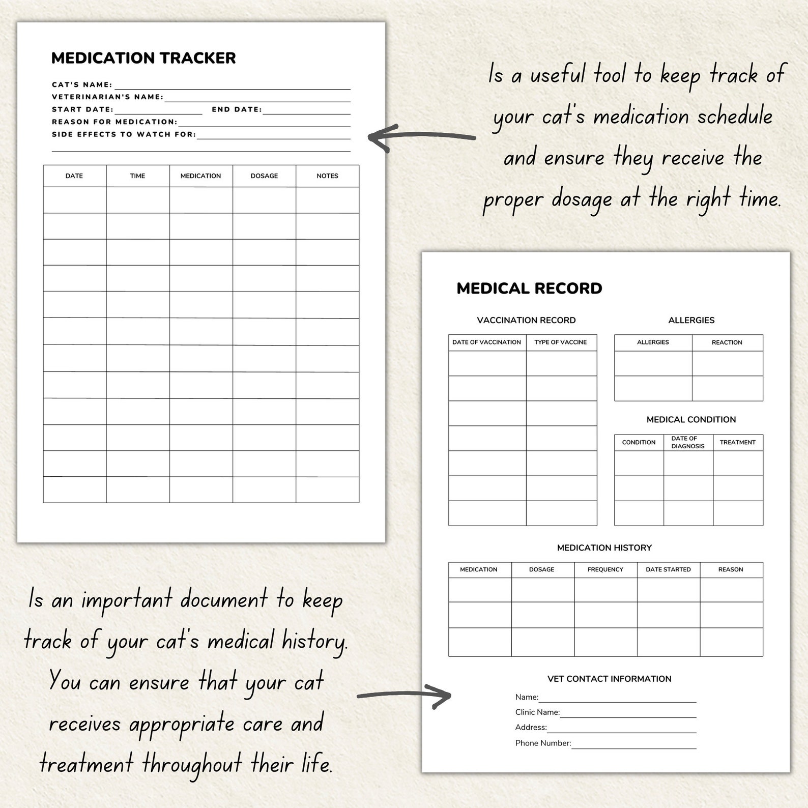 Cat Health Record Printable Kitten Vaccine Record Vet Appointments Cat ...