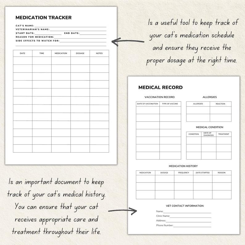 Cat Health Record Printable Kitten Vaccine Record Vet Appointments Cat ...