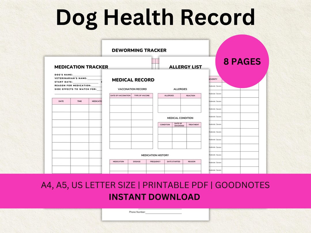Dog Health Record Printable Dog Vaccination Record Vet Appointments ...