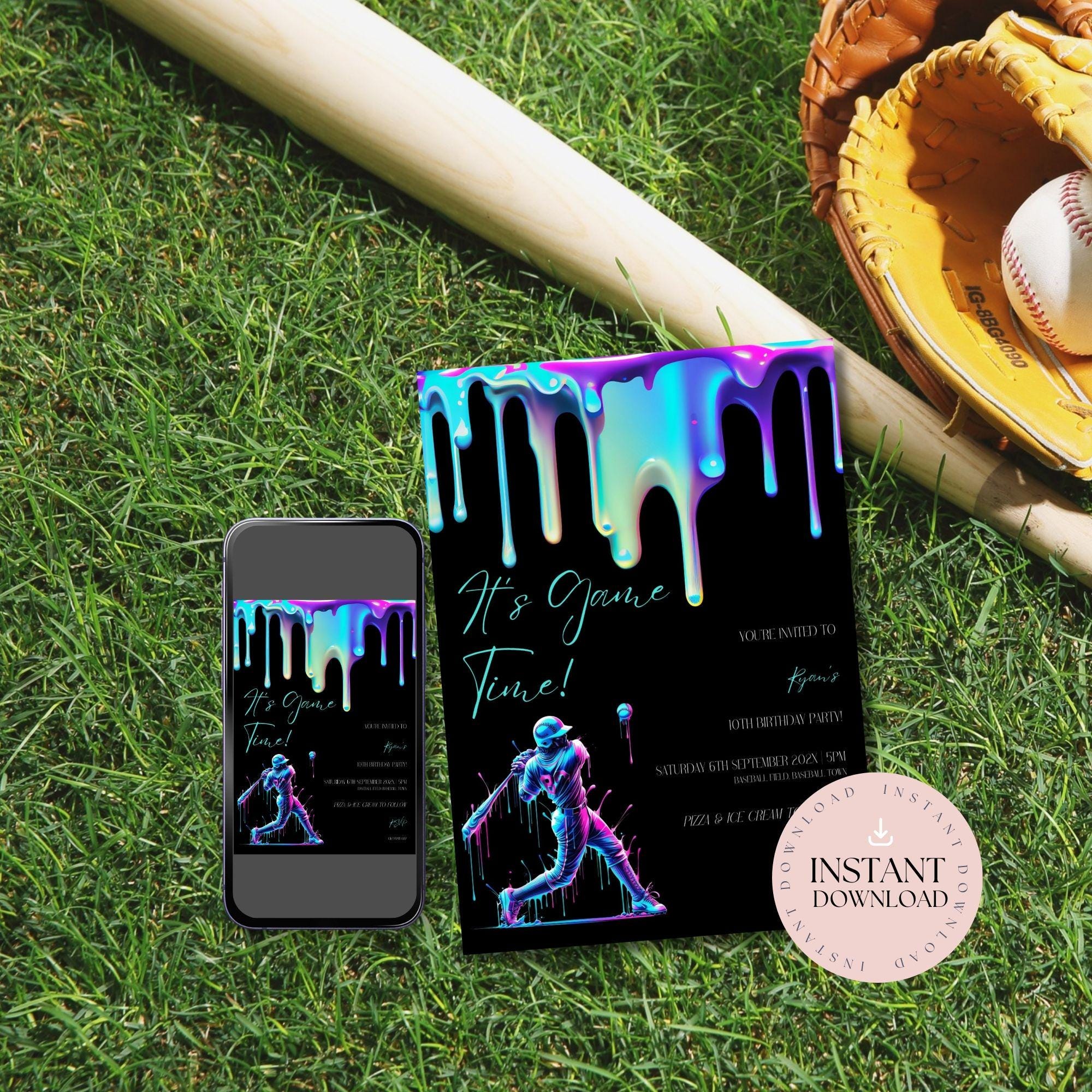 Baseball Drip Invite | Editable Birthday Invitation | Holographic Canva ...