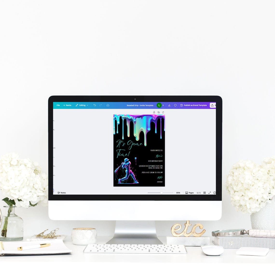 Baseball Drip Invite | Editable Birthday Invitation | Holographic Canva ...