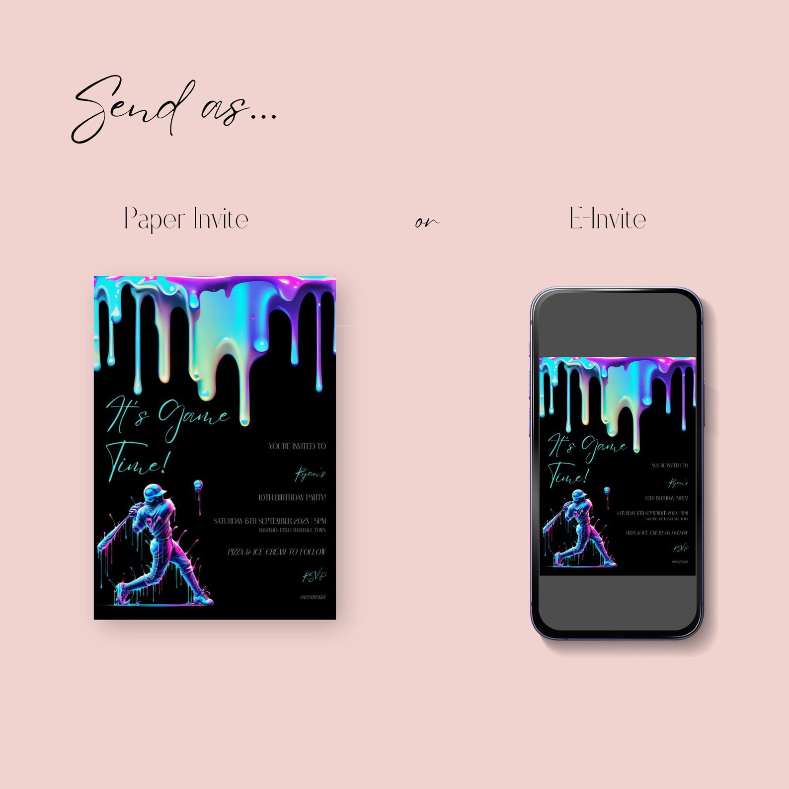 Baseball Drip Invite | Editable Birthday Invitation | Holographic Canva ...