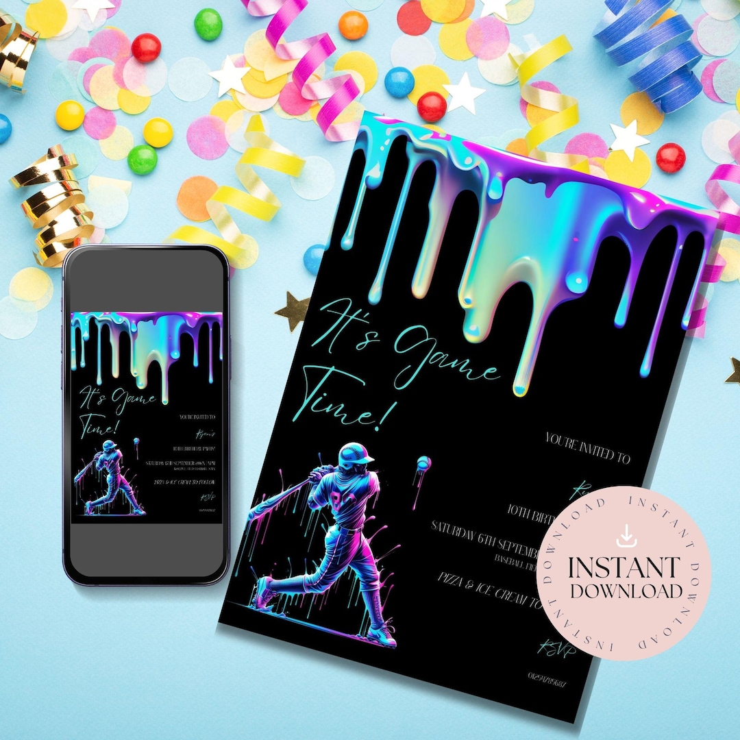 Baseball Drip Invite | Editable Birthday Invitation | Holographic Canva ...