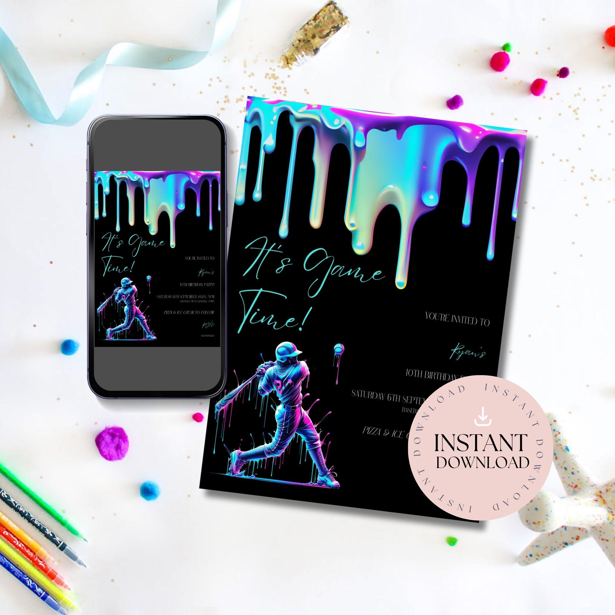 Baseball Drip Invite | Editable Birthday Invitation | Holographic Canva ...