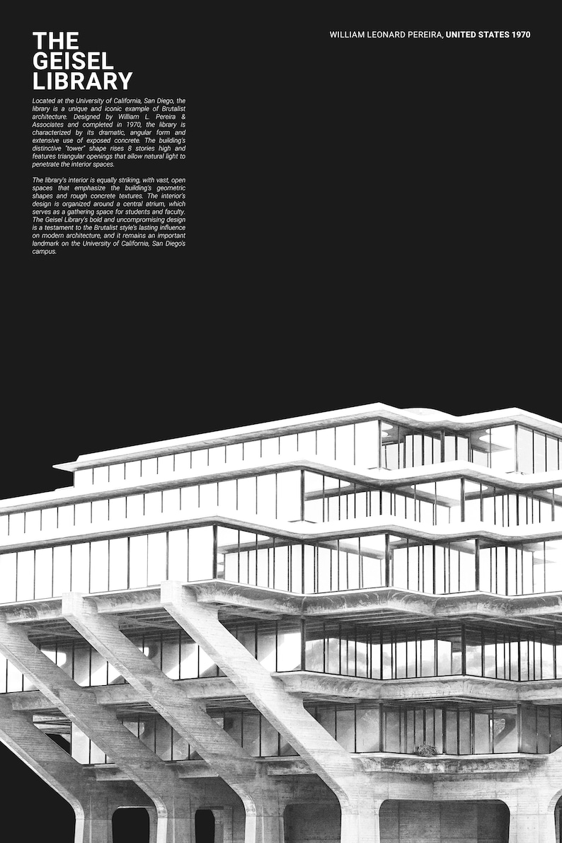 Geisel Library Brutalism Architecture Poster Black and White - Etsy