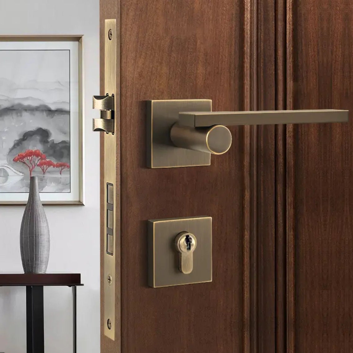 Minimalistic Solid Brass Door Handle Lever - Dummy Passage Privacy Set ...