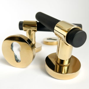 Door Lever Handle - Luxury Knurled Gold Pair on Rose - Lock Set for ...