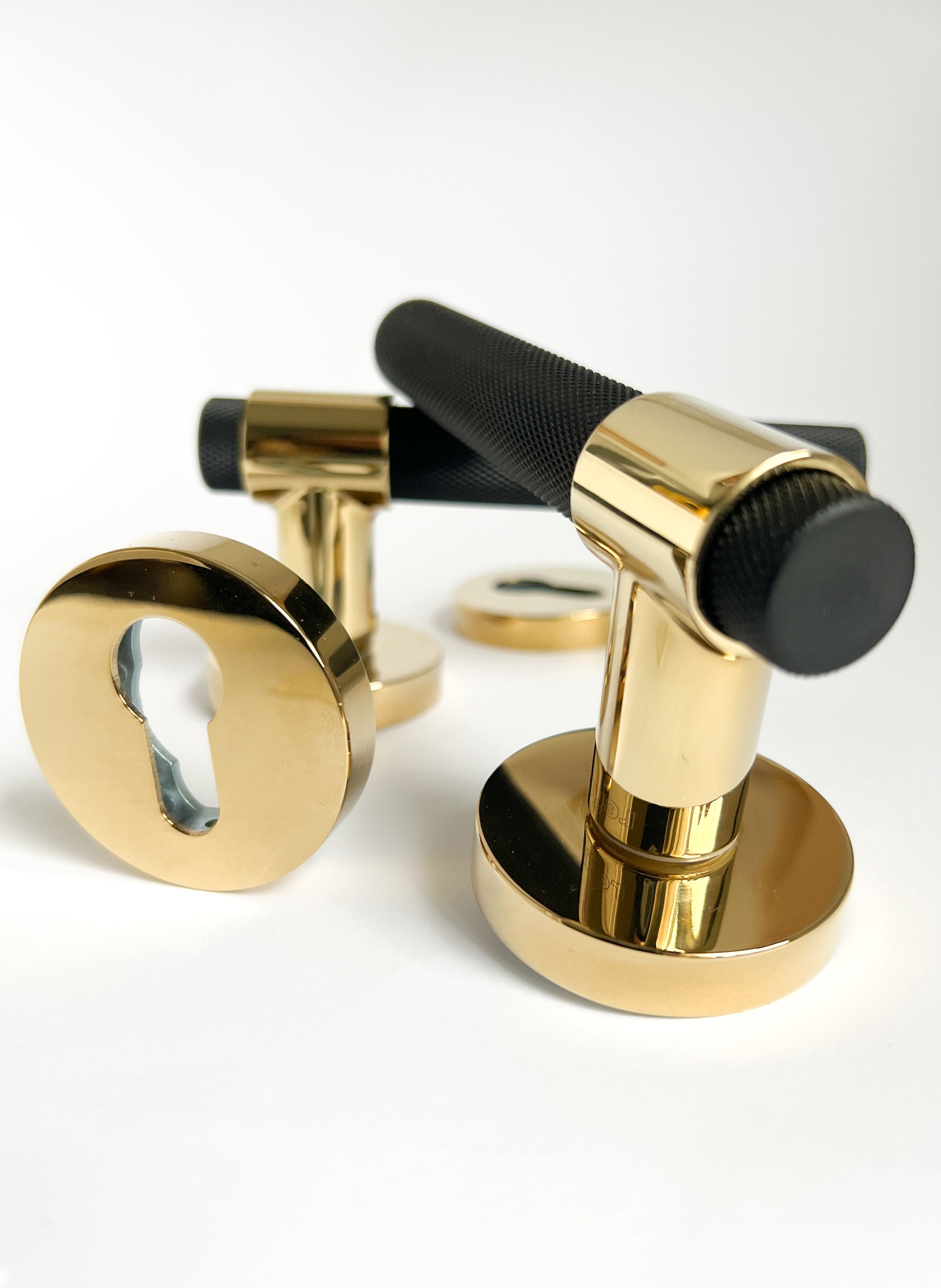 Door Lever Handle - Luxury Knurled Gold Pair on Rose - Lock Set for ...