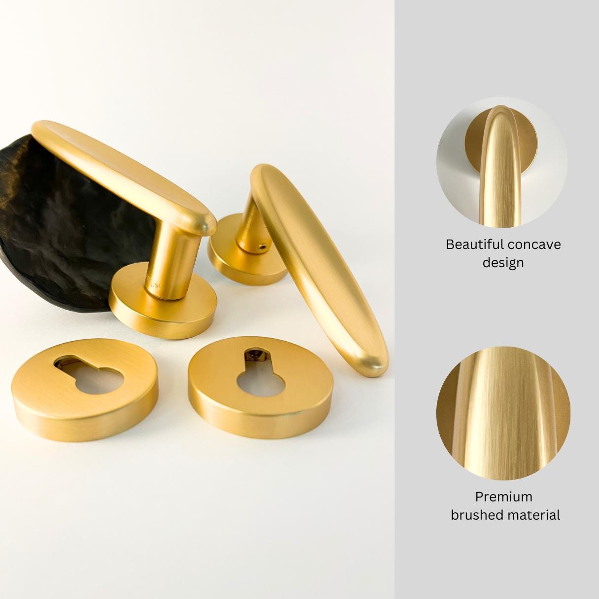 Door Lever Handle - Brushed Gold - Black Door Pair on Rose, Lock Set ...
