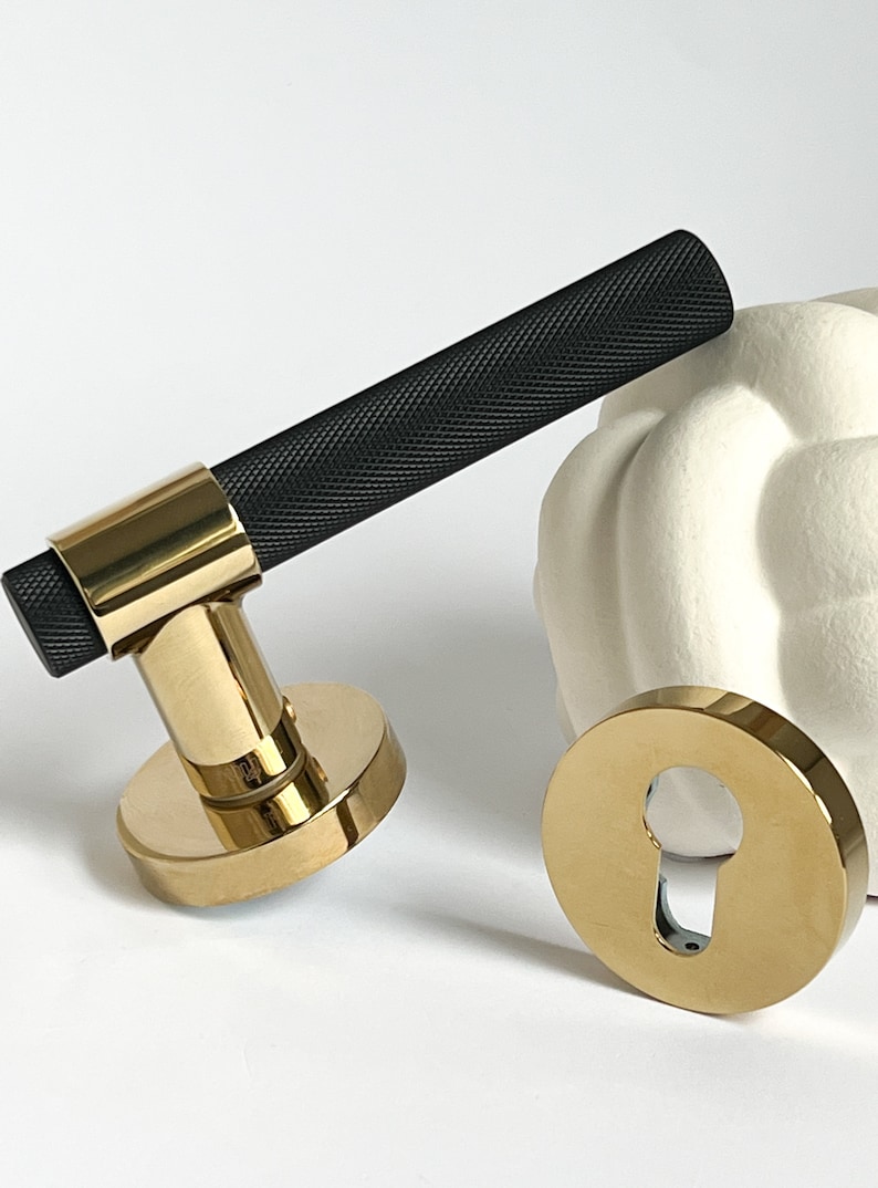 Door Lever Handle - Luxury Knurled Gold Pair on Rose - Lock Set for ...