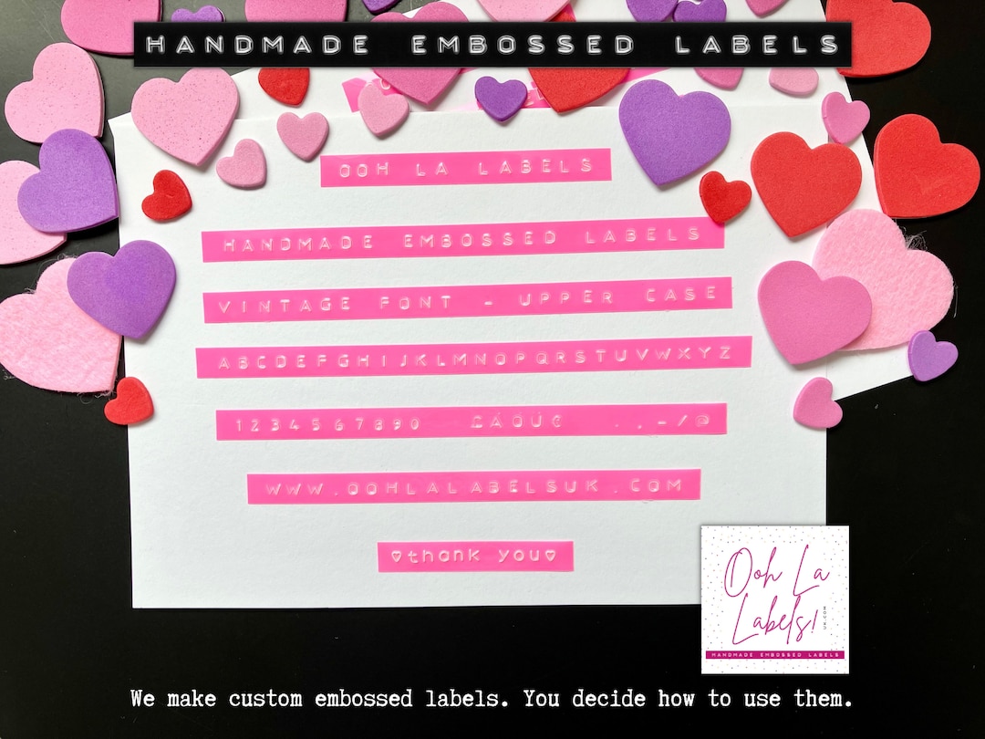 Neon Pink Vintage Custom Embossed Labels, Typewriter Retro Embossed ...