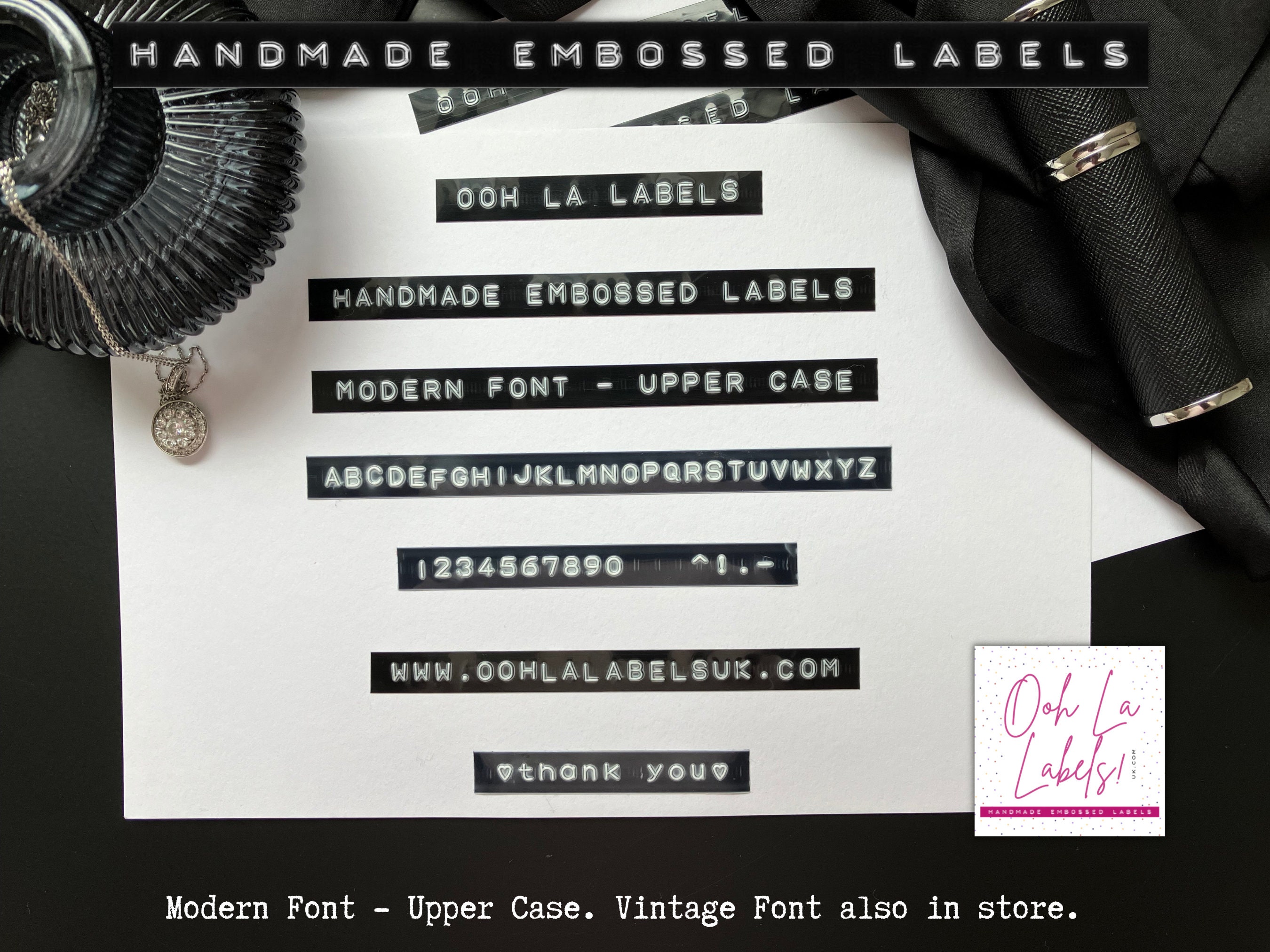Black Modern Typewriter Style Custom Embossed Labels, Retro Embossed ...