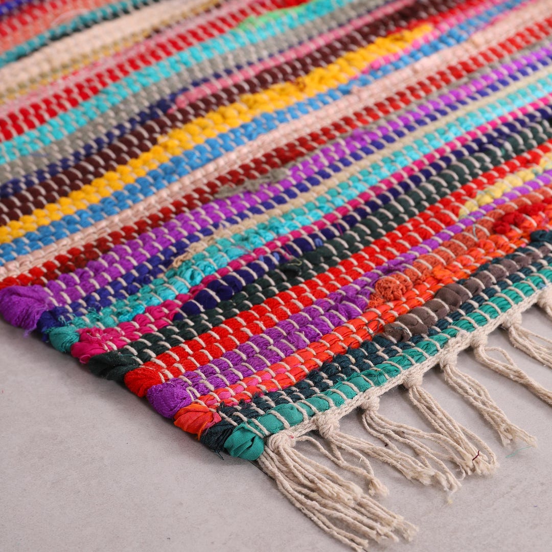 Handmade Cotton Chindi Rag Rug: Braided Colorful Doormat (37x24) Jute ...